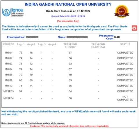 IGNOU Grade Card 2025: Link, Not Completed Means & Status